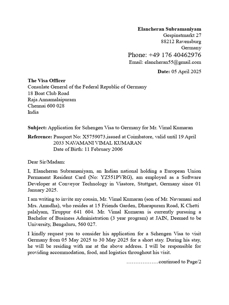 Germany Loi Vimal Kumaran From His Cousin MR Elancheran - Signed | PDF | Travel Visa ...