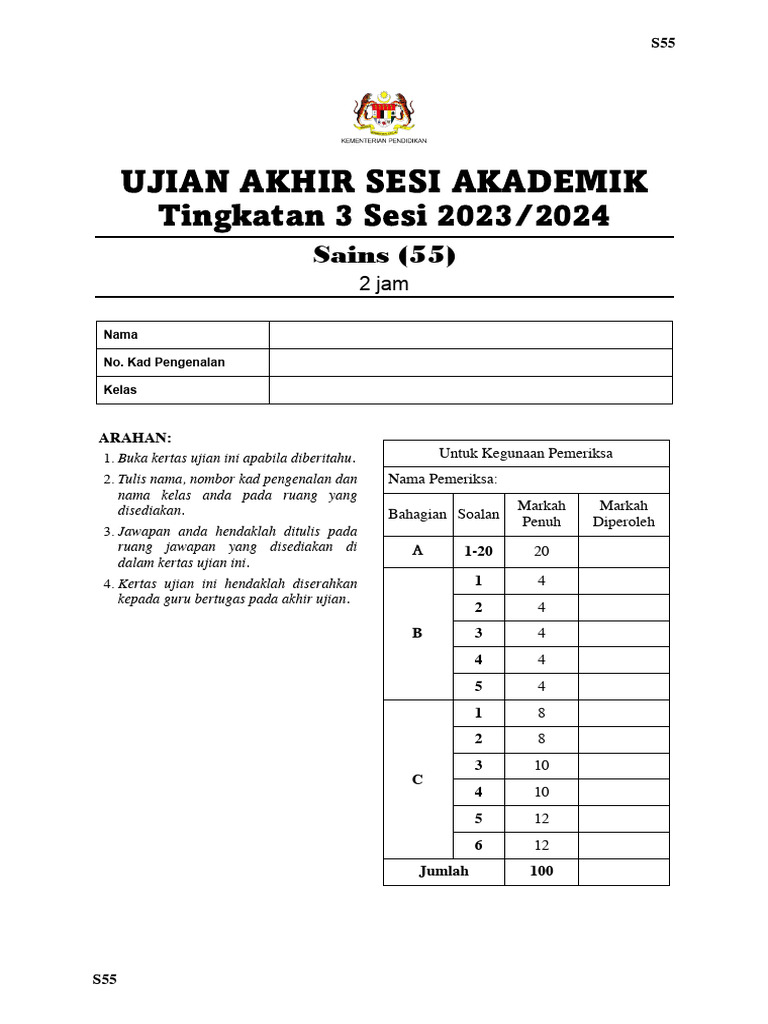 F3 UASA SAINS Answer | PDF