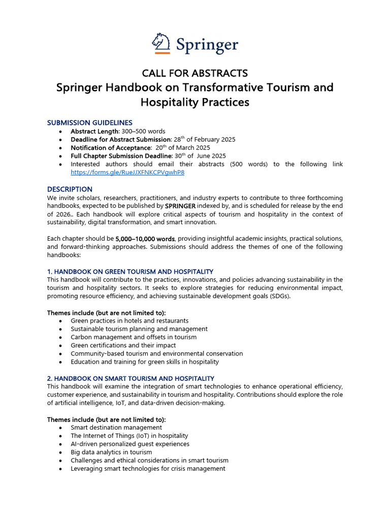 Call For Book Chapter Springer 2025 | PDF | Sustainability | Tourism