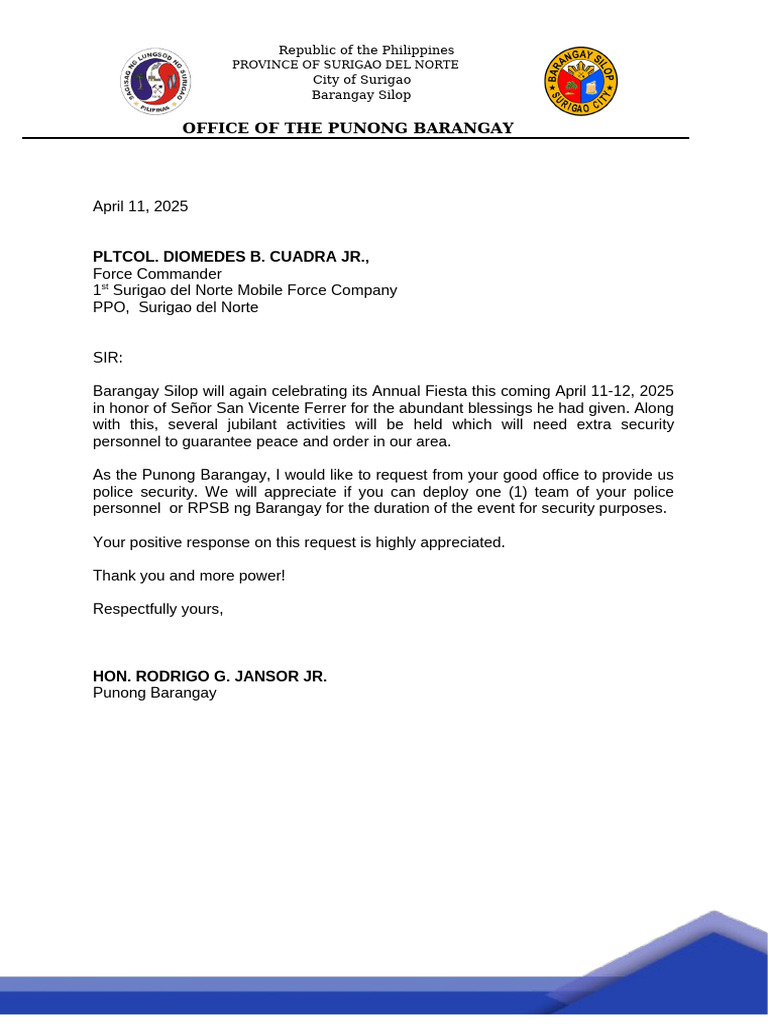 Request for Police Security for Fiesta | PDF