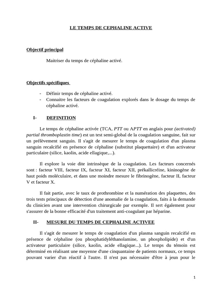 Temps de Céphaline Activée : Guide Complet | PDF | Hématologie ...