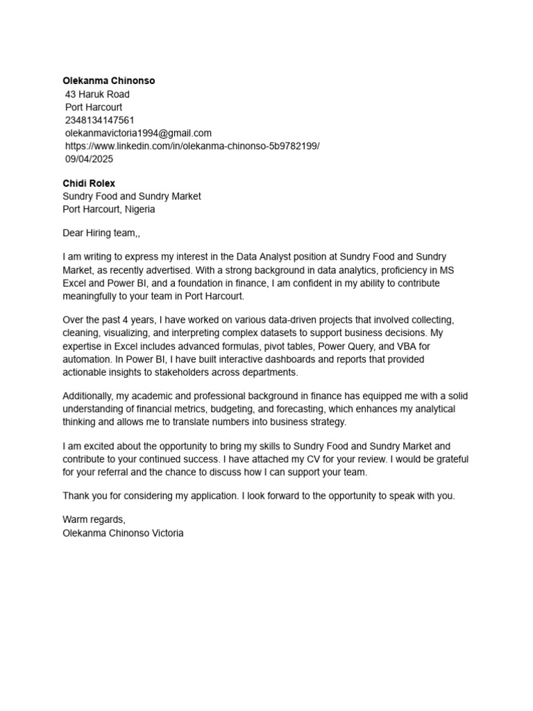 Cover Letter, CV Olekanma Chinonso Victoria-Merged | PDF | Artificial Intelligence ...