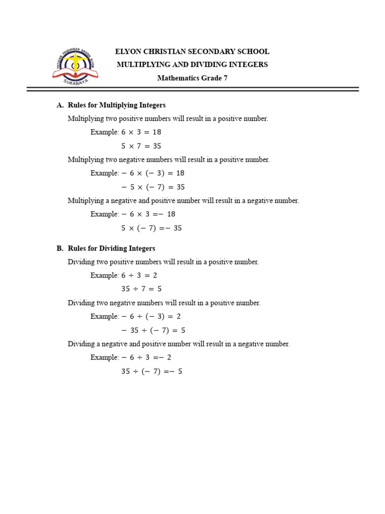 Integer Multiplication and Division Rules | PDF