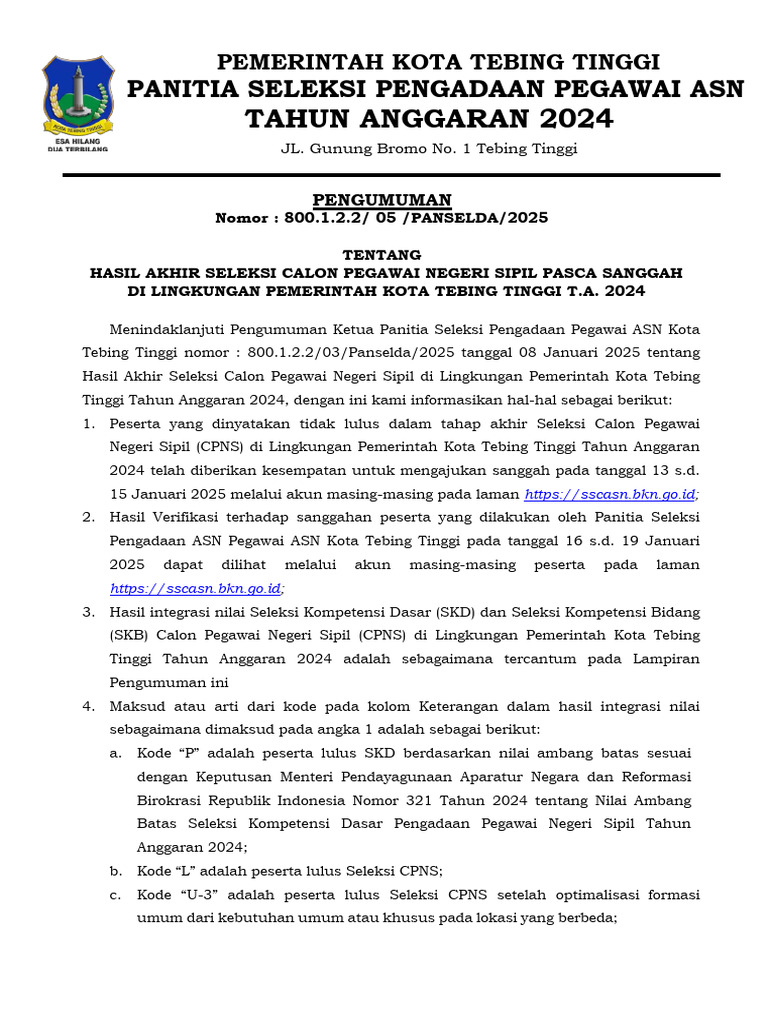 Hasil Akhir Seleksi CPNS TA 2024 Pasca Sanggah | PDF