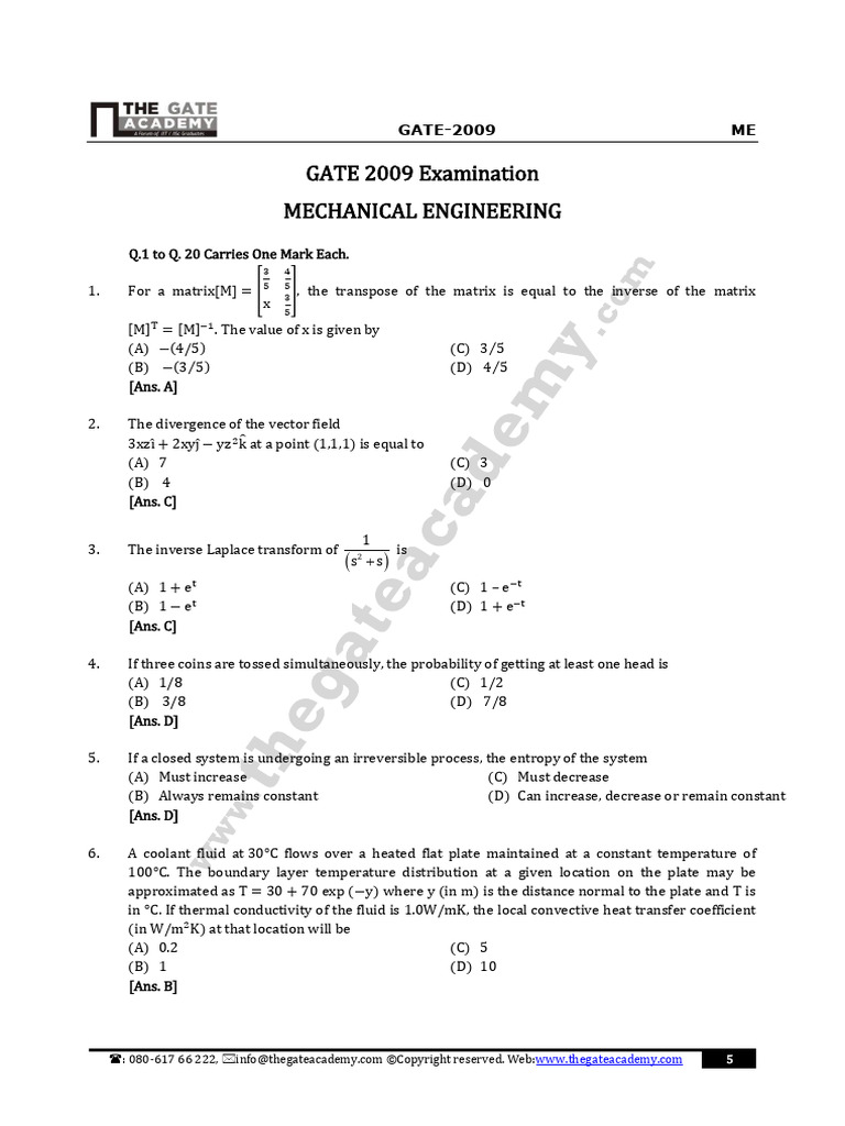 GATE 2009 Mechanical Engineering Questions | PDF | Gear | Heat