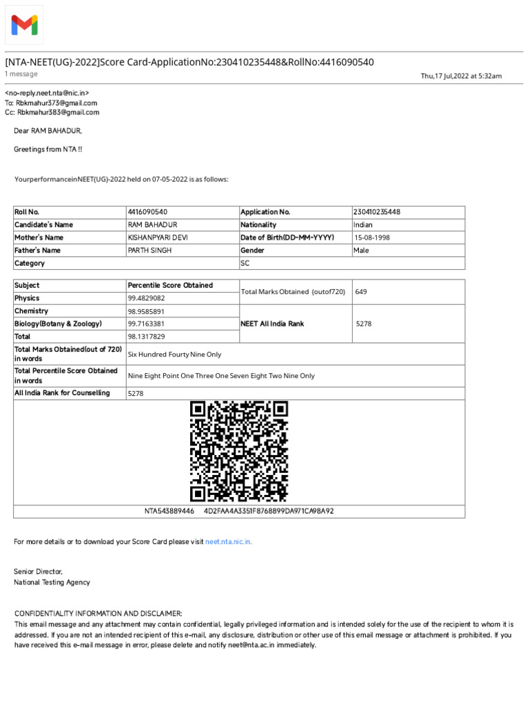 NEET 2022 Scorecard for RAM BAHADUR | PDF