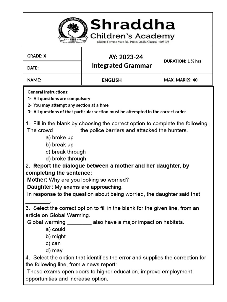 Integrated Grammar Assessment 2023-24 | PDF | Question