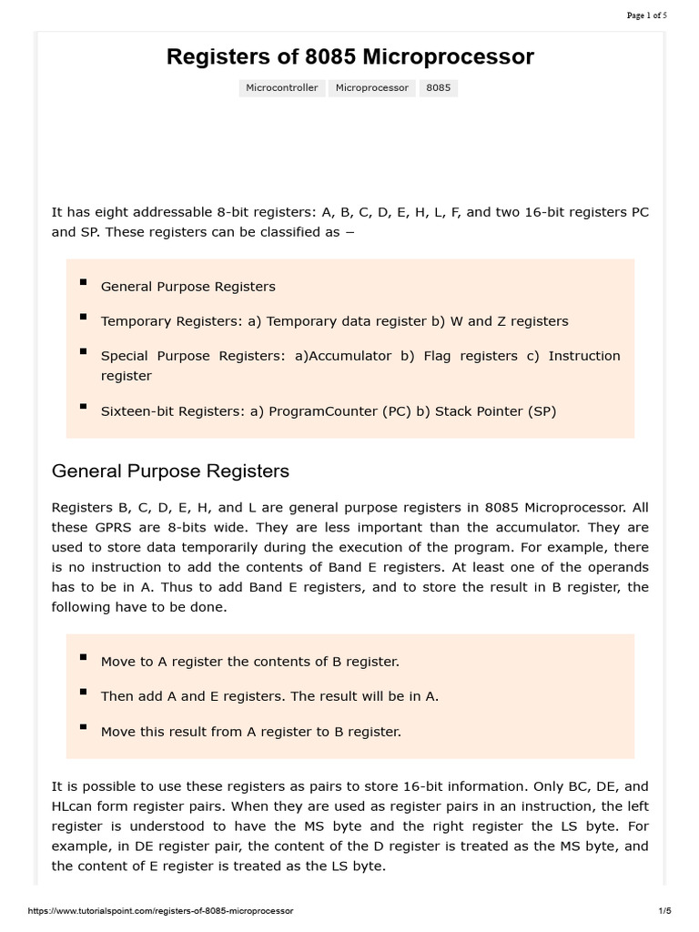 Registers of 8085 Microprocessor | PDF | Central Processing Unit | Computer Data