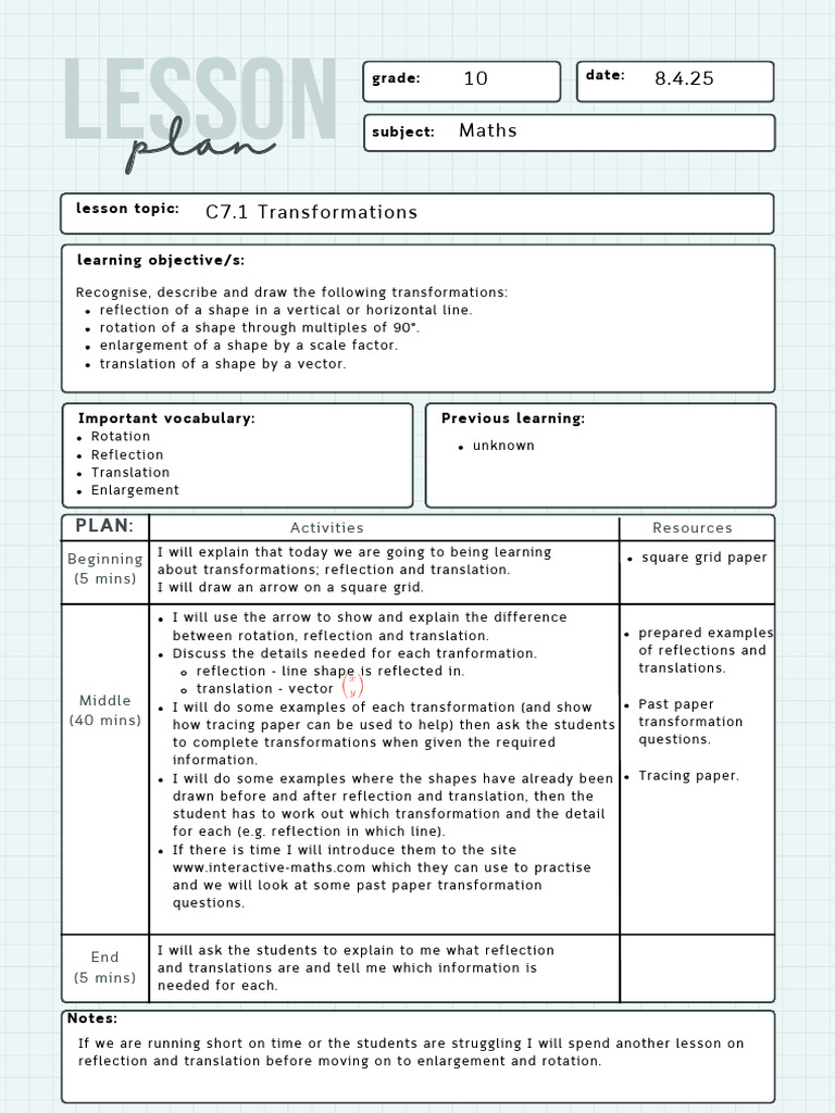 Transformations lesson plan | PDF | Shape | Rotation