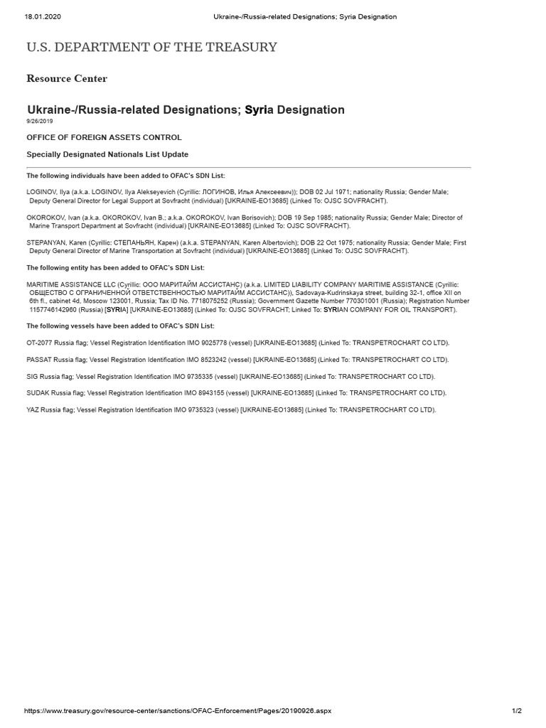 2019.09.26. Addition - SDN List - EO 13685 | PDF | Office Of Foreign ...