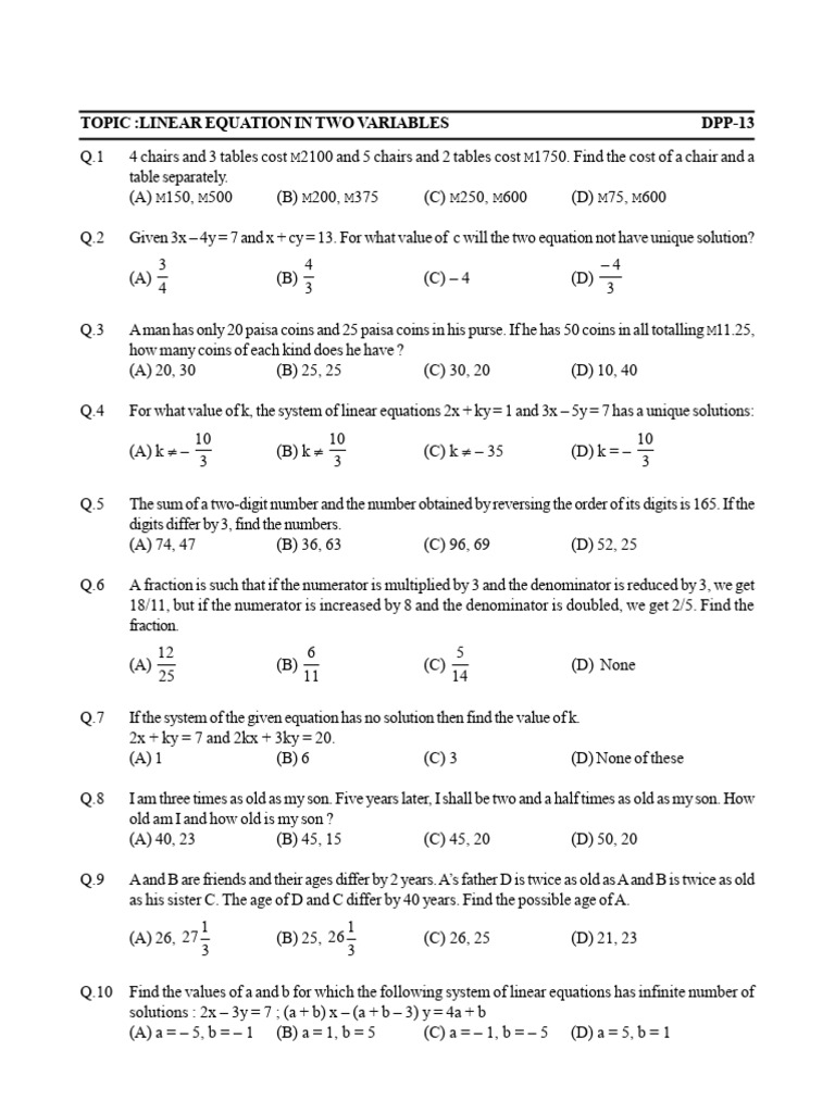 dpp linear equation in two variable dpp 13 14 | PDF | Arithmetic | Elementary Mathematics