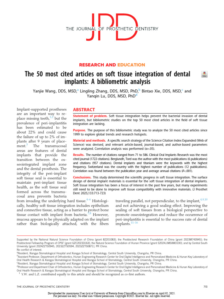(JPD) WANG 2025 - 50 most cited articles on soft tissue integration at implants | PDF | Dental ...