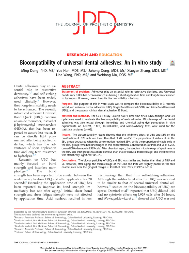 (JPD) DONG 2025 - Biocompatibilty of dental adhesives | PDF | Biology