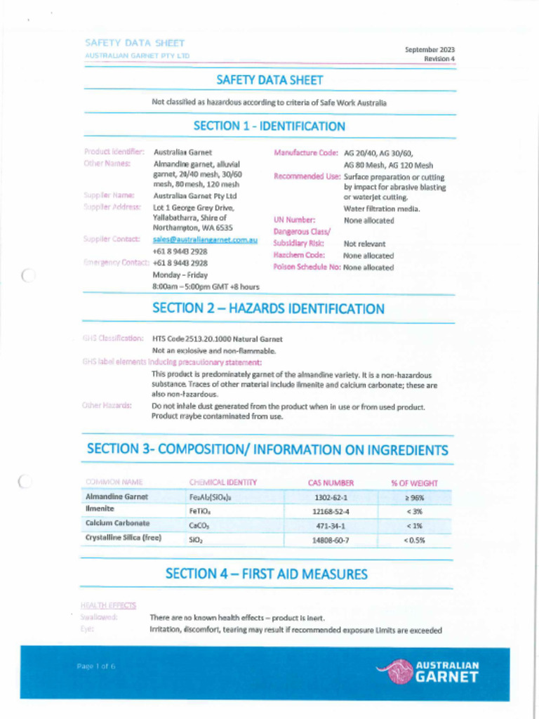 MSDS - AUSTRALIAN GARNET | PDF