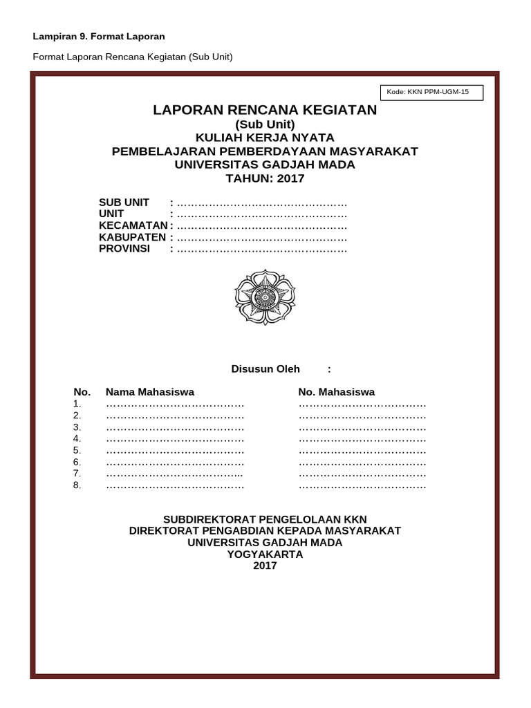2b.format Laporan Rencana Kegiatan (LRK) Sub Unit 2017 | PDF