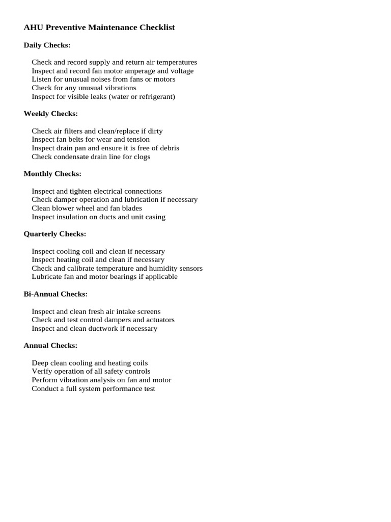 AHU Preventive Maintenance Checklist | PDF