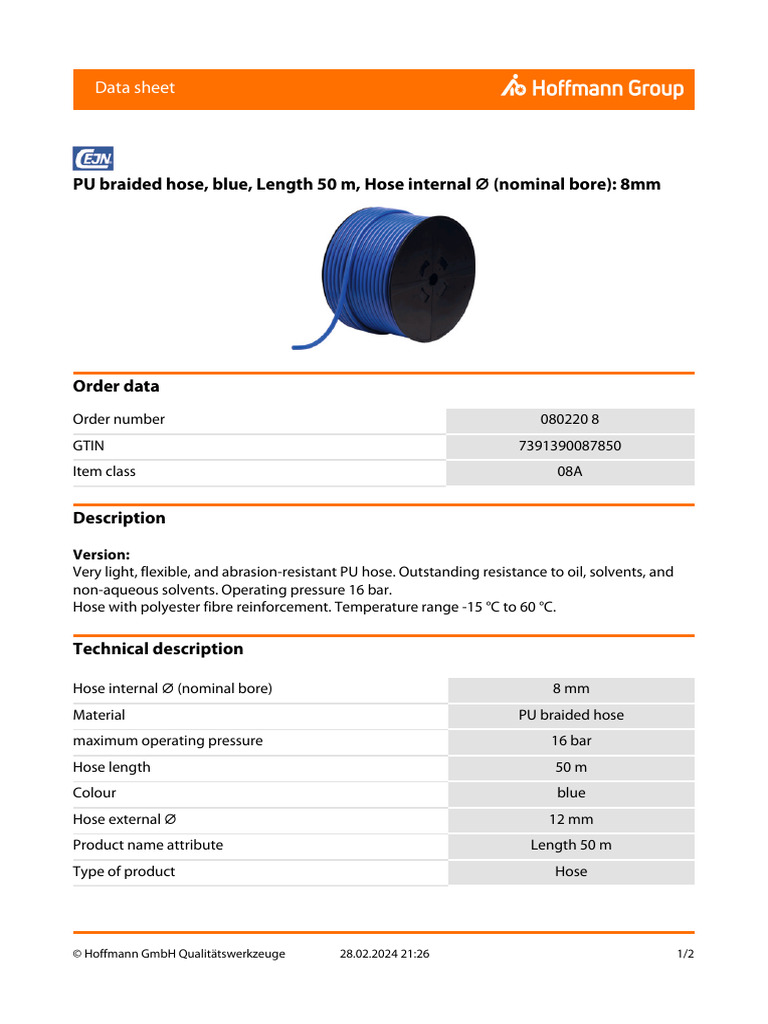 50m Blue PU Braided Hose 8mm ID | PDF