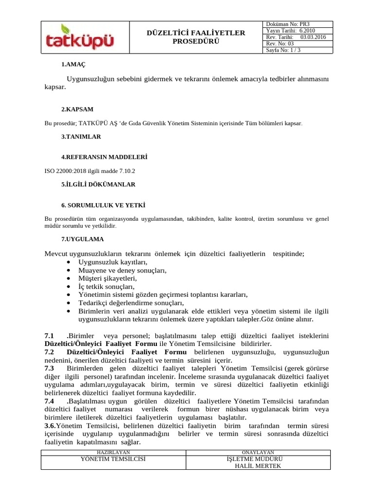 PR03 Düzeltici Faaliyetler Prosedürü | PDF