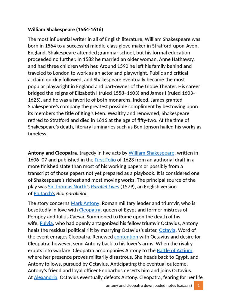 antony and cleopatra notes | PDF | Mark Antony | Augustus