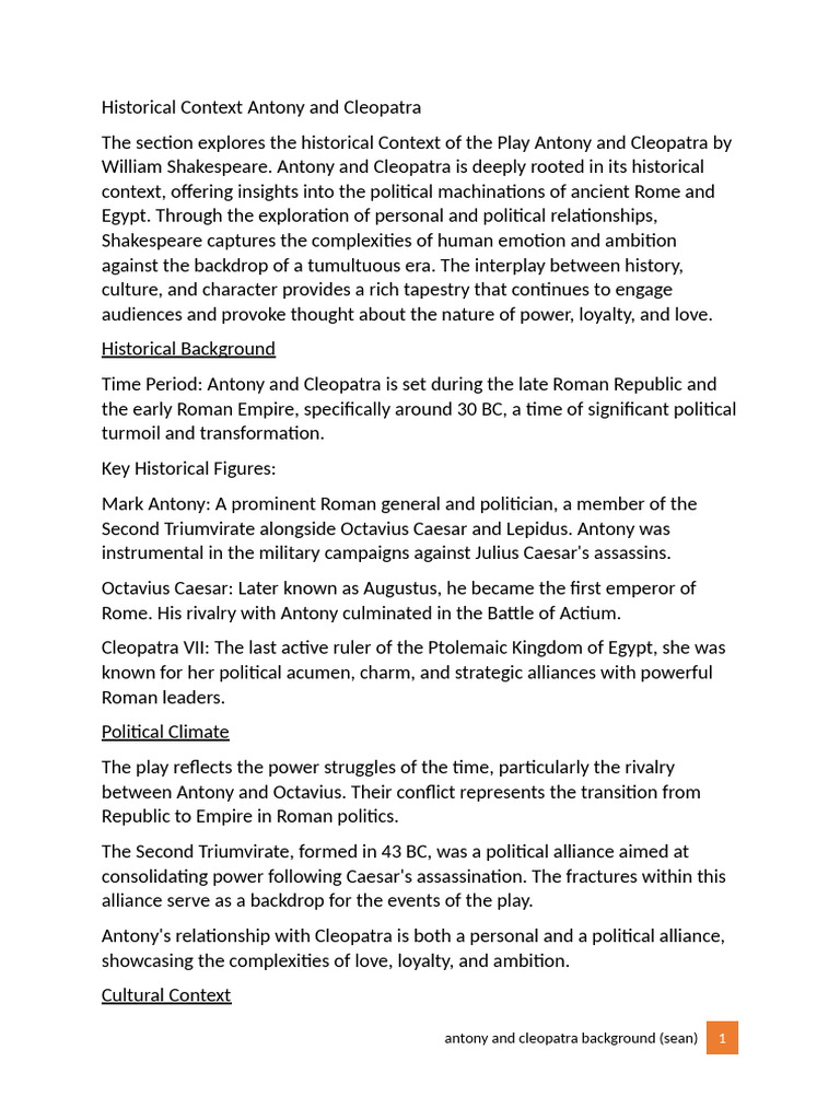 Historical Context Antony and Cleopatra | PDF | Mark Antony | Augustus