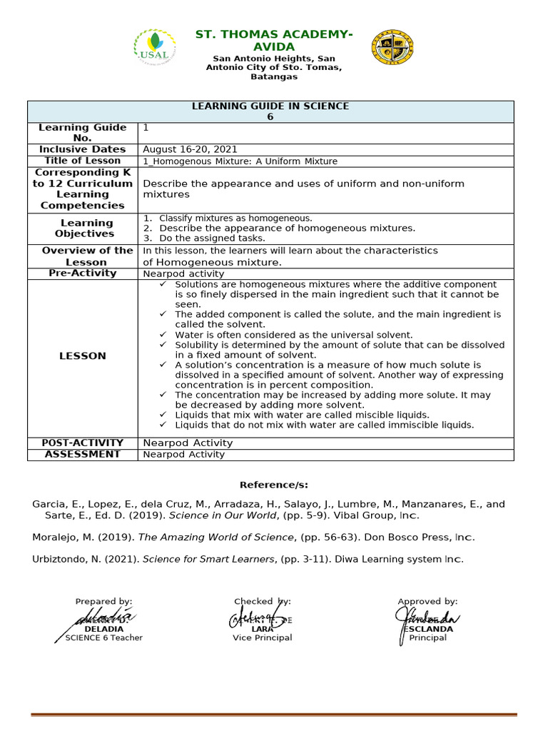 Science 6 - Sample - Learning Guide No. 1 - Homogeneous Mixture - A ...
