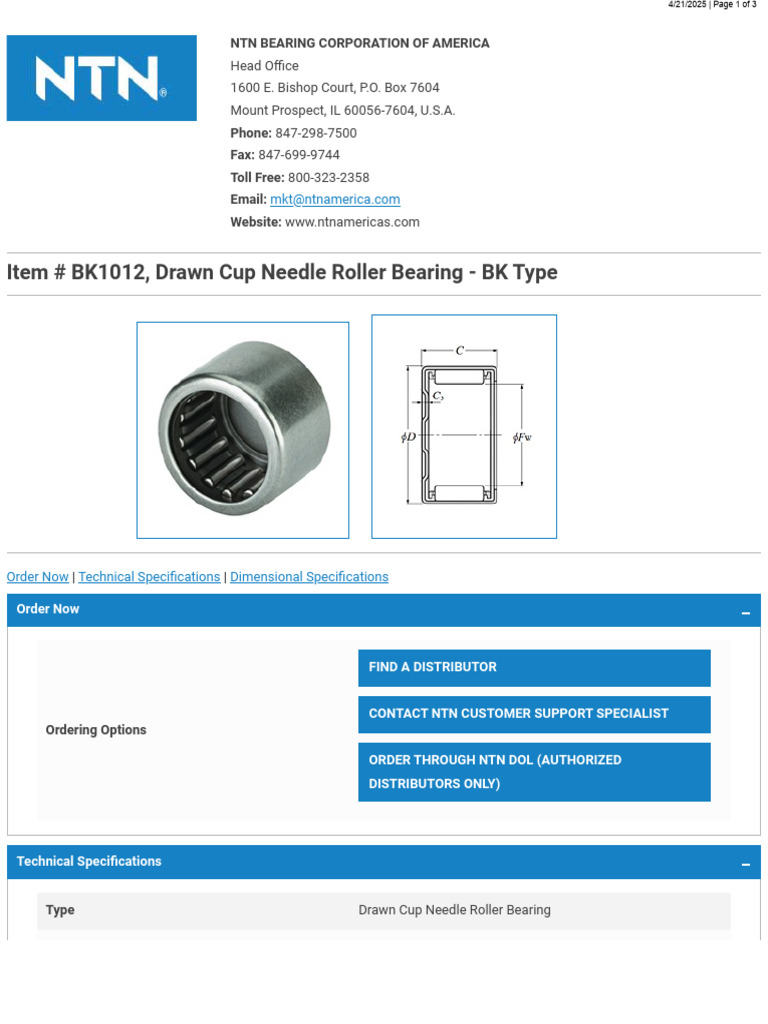 BK1012 DrawnCupNeedleRollerBearing BKType | PDF | Bearing (Mechanical ...