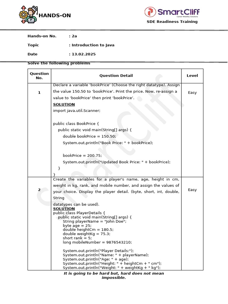Java Programming Exercises for SDE Training | PDF | Integer (Computer Science) | String ...