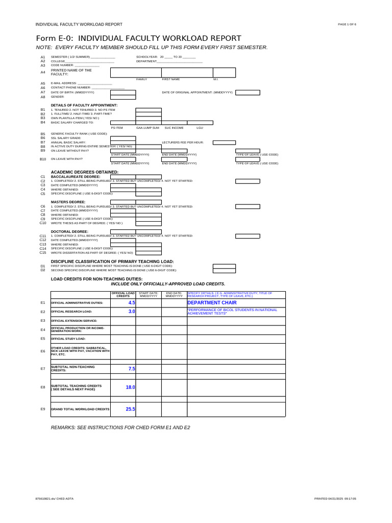 CHED E O Form Individual Faculty Workload Report | PDF | Thesis | Chess
