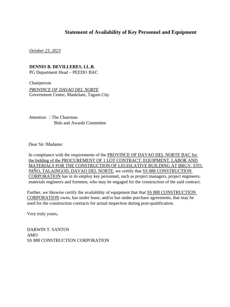 Key Personnel and Equipment Availability | PDF