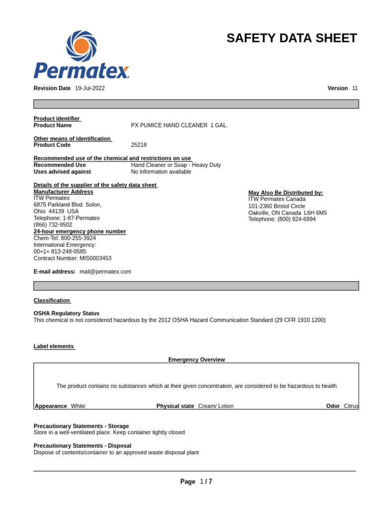 Permatex Fast Orange 25218 Sds | PDF | Superfund | Carcinogen