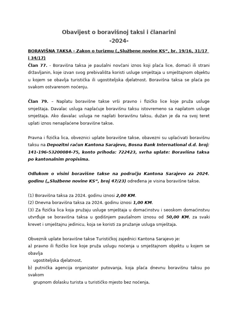 Obavijest o Boravišnoj Taksi I Članarini 2024 | PDF