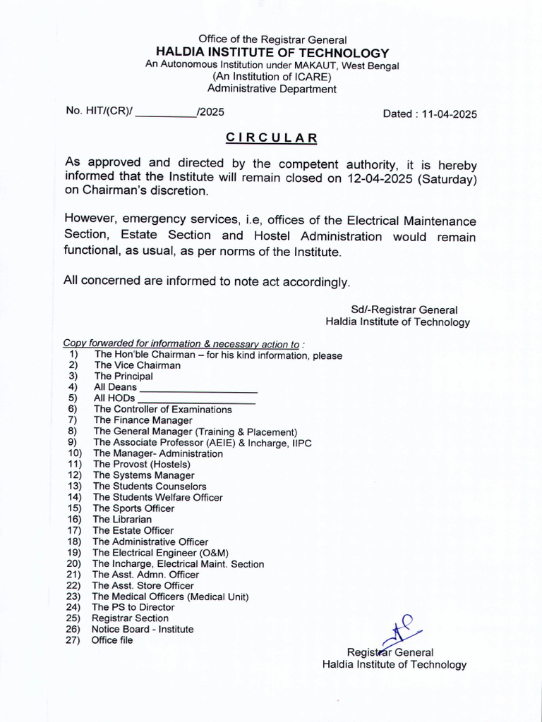 Holiday Circular On 12.04.2025 | PDF