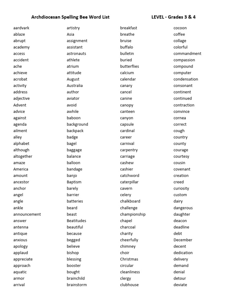 Archdiocesan Spelling Bee Word List GR 3 and 4 | PDF