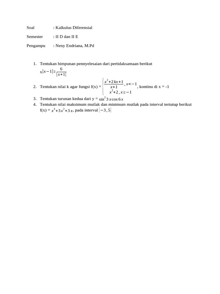 Soal Semester Kalkulus Diferensial SMSTR II | PDF