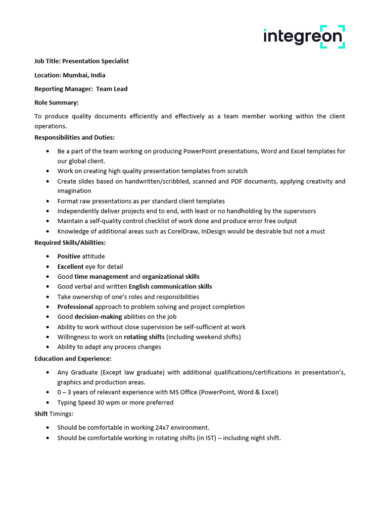 Presentation Specialist Role Overview | PDF | Microsoft Power Point ...
