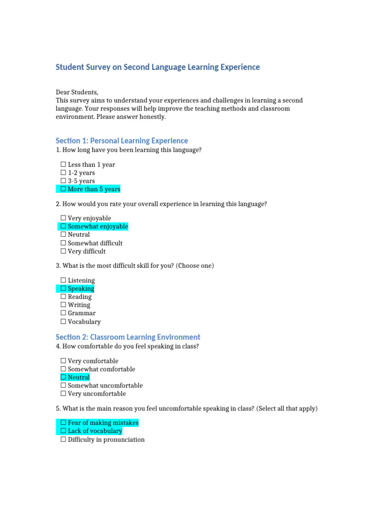 Student_Survey_Language_Learning | PDF | Language Acquisition | Vocabulary