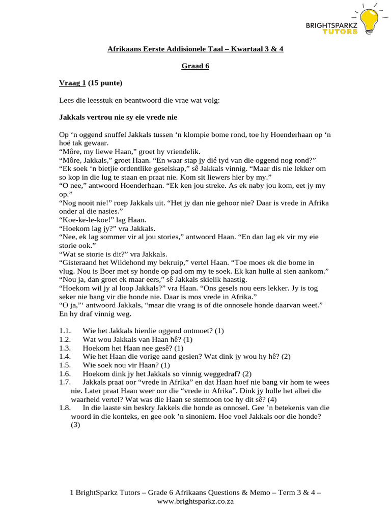 CAPS Afrikaans Grade 6 - Term 3 - 4 Questions and Memo | PDF