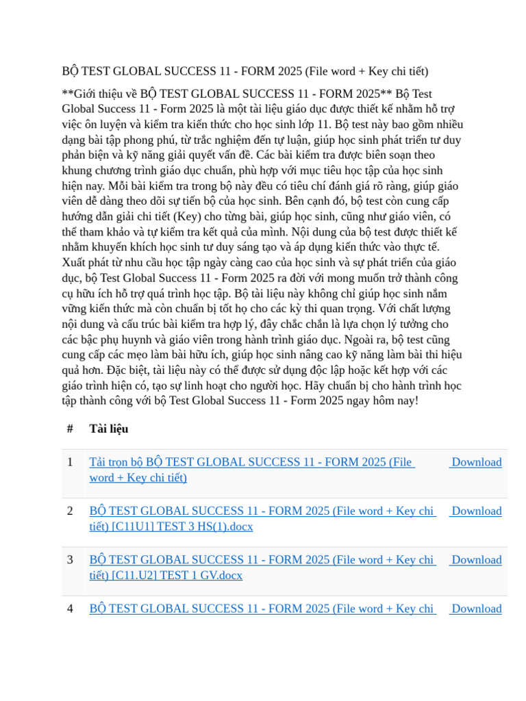 BỘ TEST GLOBAL SUCCESS 11 - FORM 2025 (File word Key chi tiết) | PDF