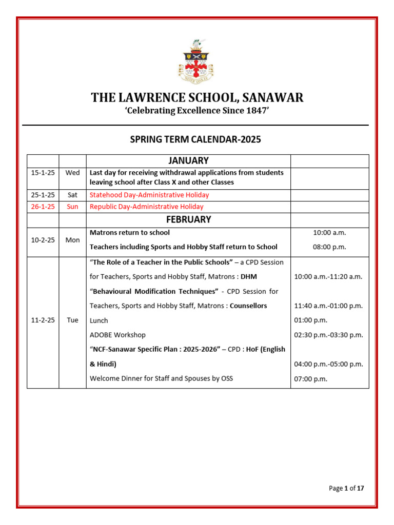 Lawrence School Sanawar Spring 2025 Calendar | PDF