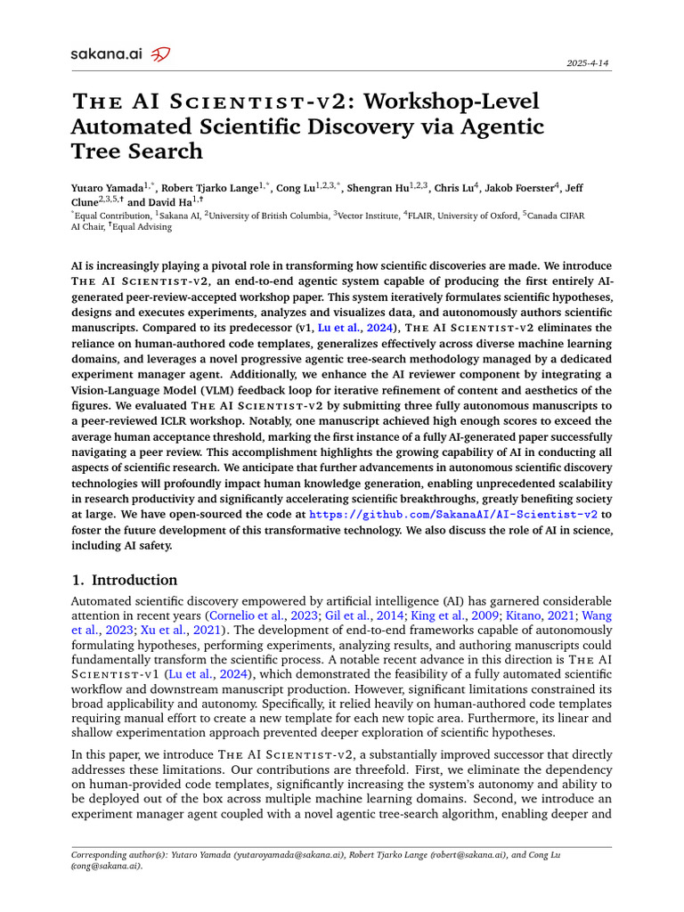 Theaiscientist-V2:Workshop-Level Automated Scientific Discovery Via Agentic Tree Search | PDF ...