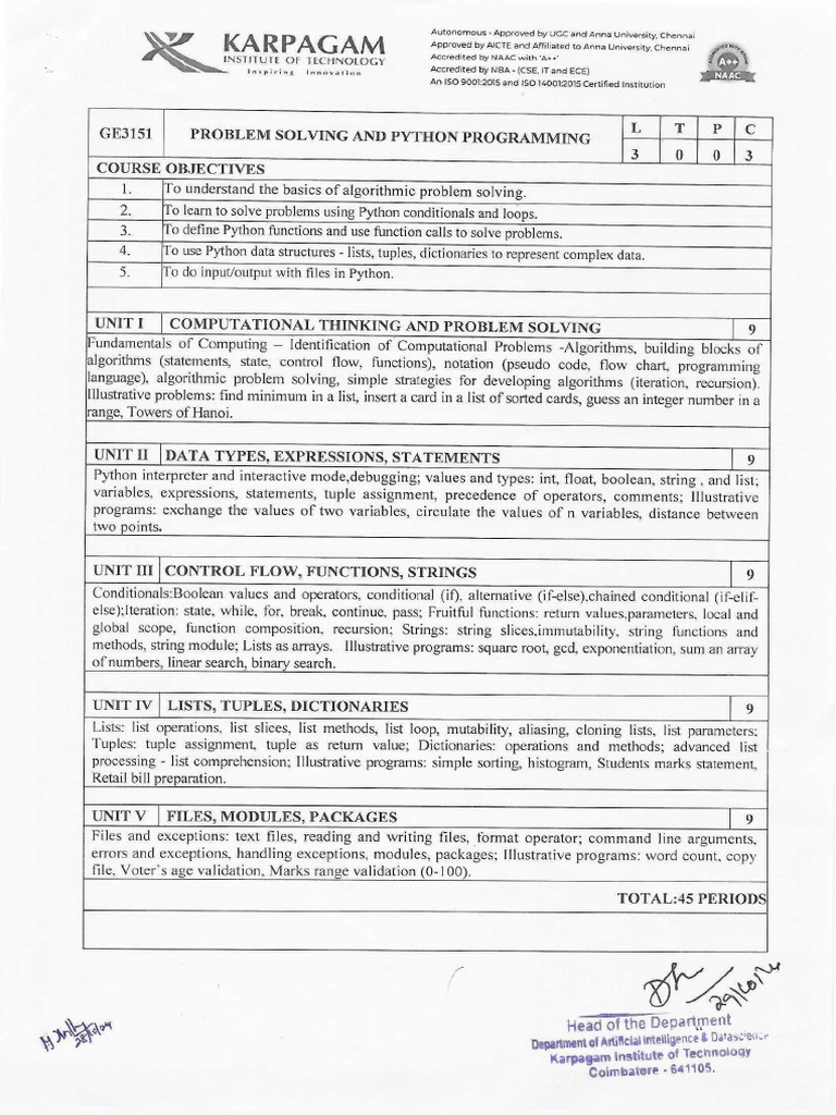 GE 3151 Problem Solving and Python Progamming | PDF