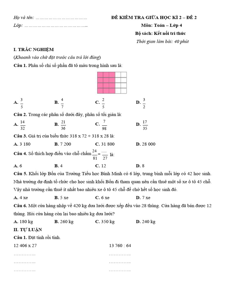 De Kiem Tra Giua Hoc Ki 2 Toan 4 Ket Noi Tri Thuc de So 2 1706000359(1) | PDF