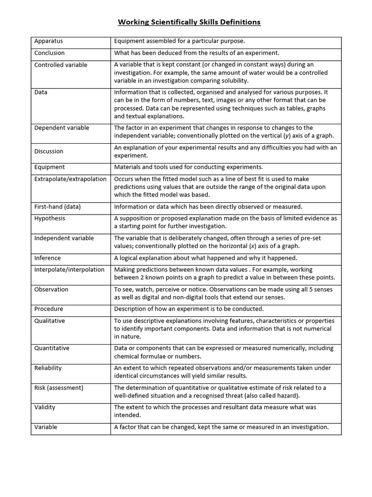 Working Scientifically Skills Definitions | PDF | Experiment ...