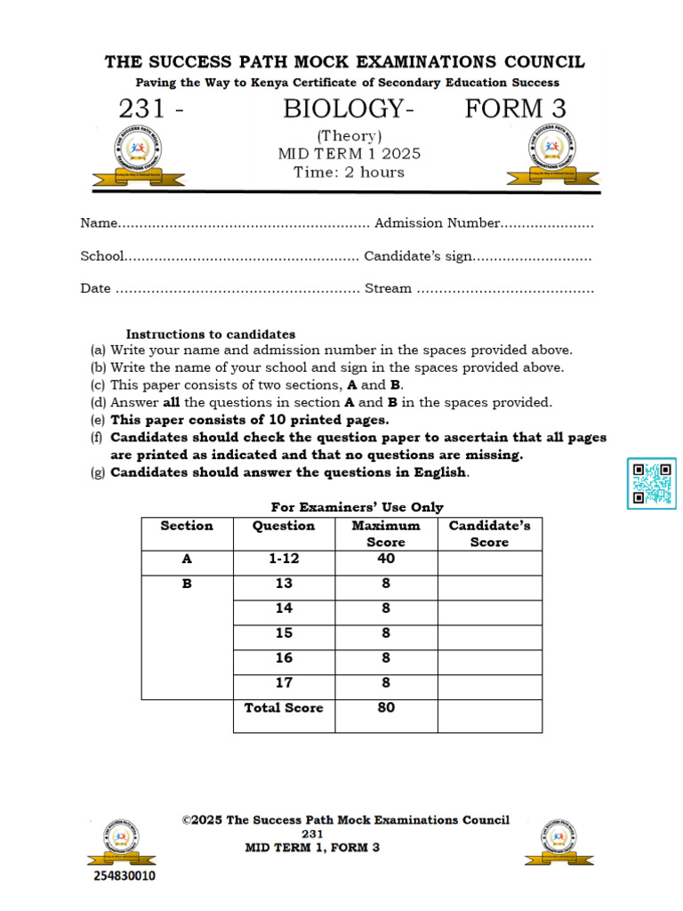 Biology Form 3 Mid Term 1, 2025 | PDF | Vein | Digestion