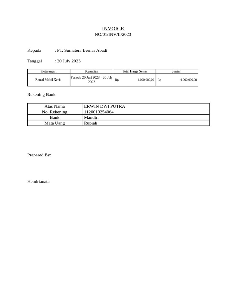 Invoice Sewa Mobil Xenia Juli 2023 | PDF