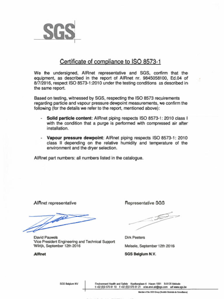 Airnet certyfikat ISO-8573-1 | PDF