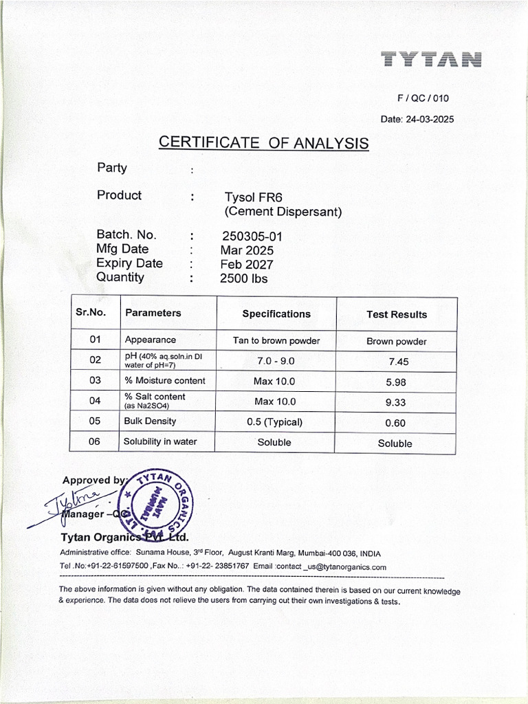 Sample COA Tysol FR6 | PDF