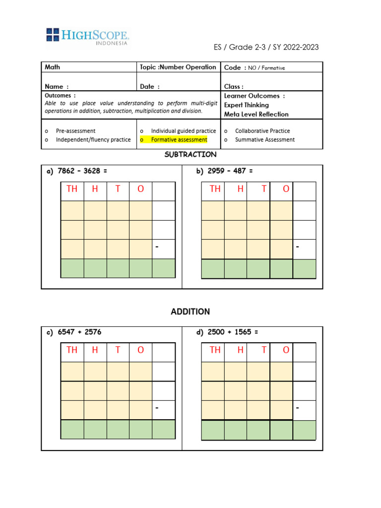 Addition and Subtraction Formative T 2 | PDF | Teaching | Pedagogy