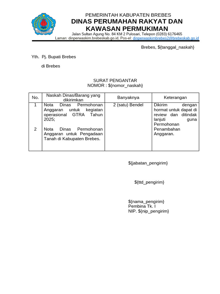 Surat Pengantar Nota Dinas Anggaran 2025 | PDF