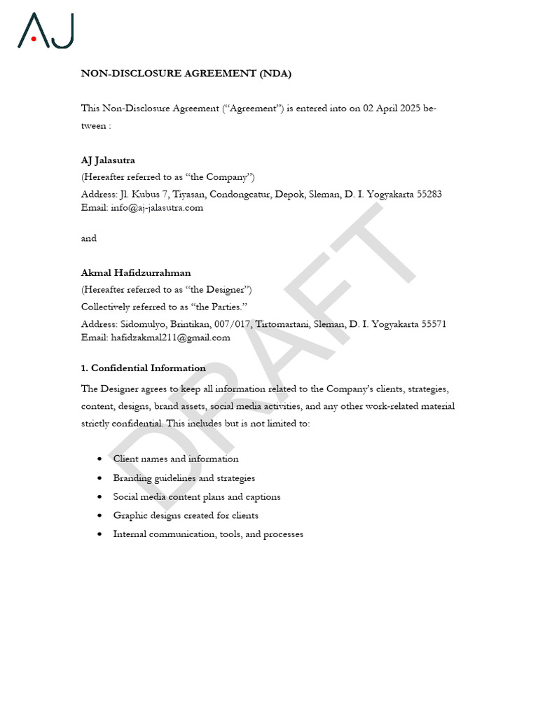 Draft - NDA - Akmal - Creative - AJ Group ID | PDF | Non Disclosure ...